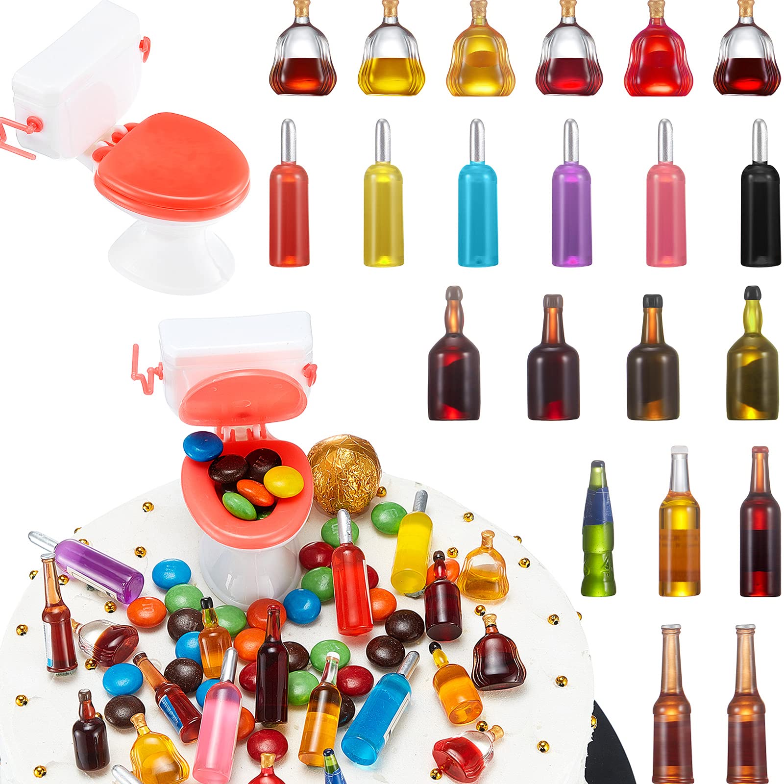 21 Pieces 21 Styles Miniature Wine Bottles with 1 Piece Mini Toilet Cake Topper Dollhouse Cake Accessories Miniature Funny Toy Set for Party Celebrating Party, Birthday Party Cake Decorations