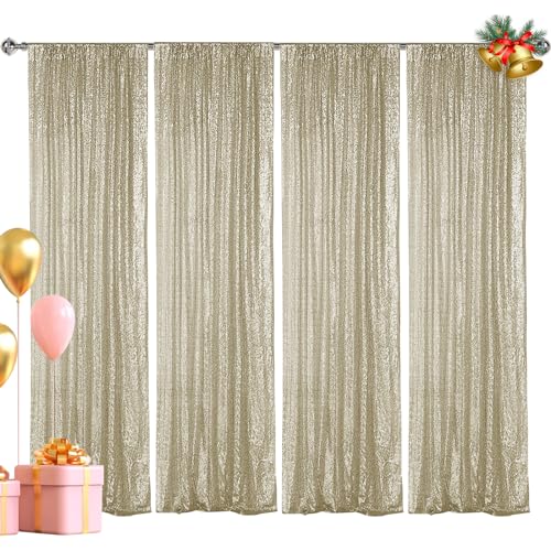 Hahuho Champagne Sequin Backdrop Curtain, 4PCS 2FTx8FT Glitter Backdrop Curtain for Parties, Christmas, Wedding, Party Decoration（4 Panels, 2FT x 8FT, Champagne