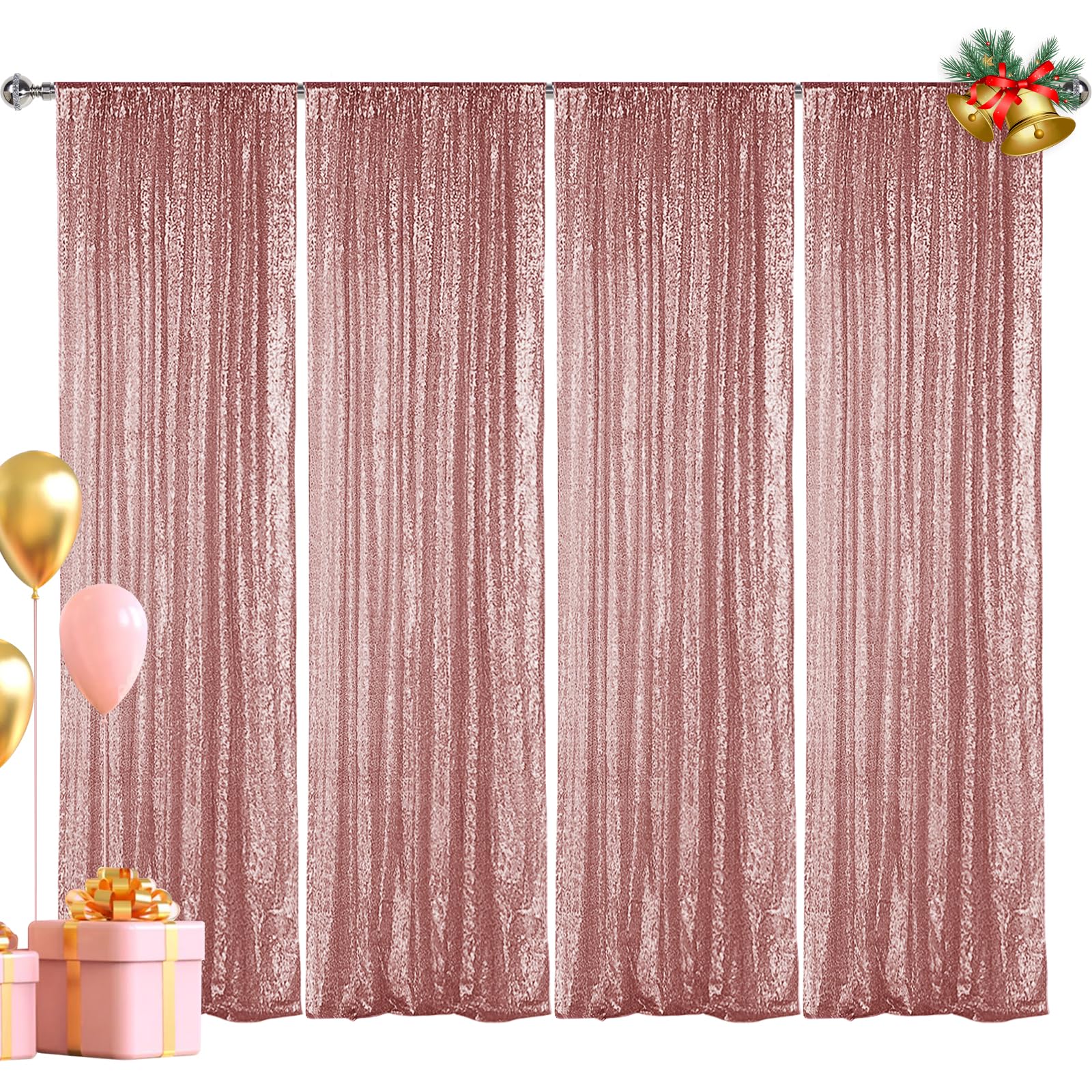 Hahuho Rose Gold Sequin Backdrop Curtain, 4PCS 2FTx8FT Glitter Backdrop Curtain for Parties, Christmas, Wedding, Party Decoration（4 Panels, 2FT x 8FT, Rose Gold