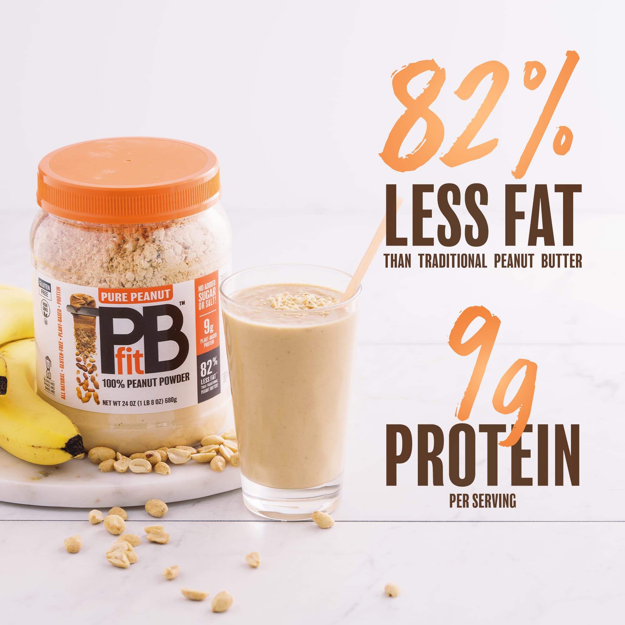 PBfit Pure Peanut, 100% Powdered Peanut Powder, Non-GMO, Plant-Based, Gluten-Free Protein Powder, 9g of Protein 9% DV, (24 oz)