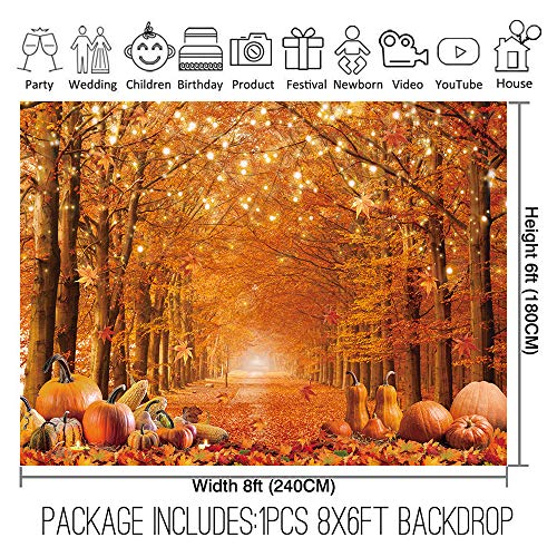 8x6ft Durable/Soft Fabric Fall Photography Backdrop Autumn Maple Forest Leaves Pumpkin Friendsgiving Background Thanksgiving Party Supplies Farm Harvest Event Banner Becor Photo Booth Props