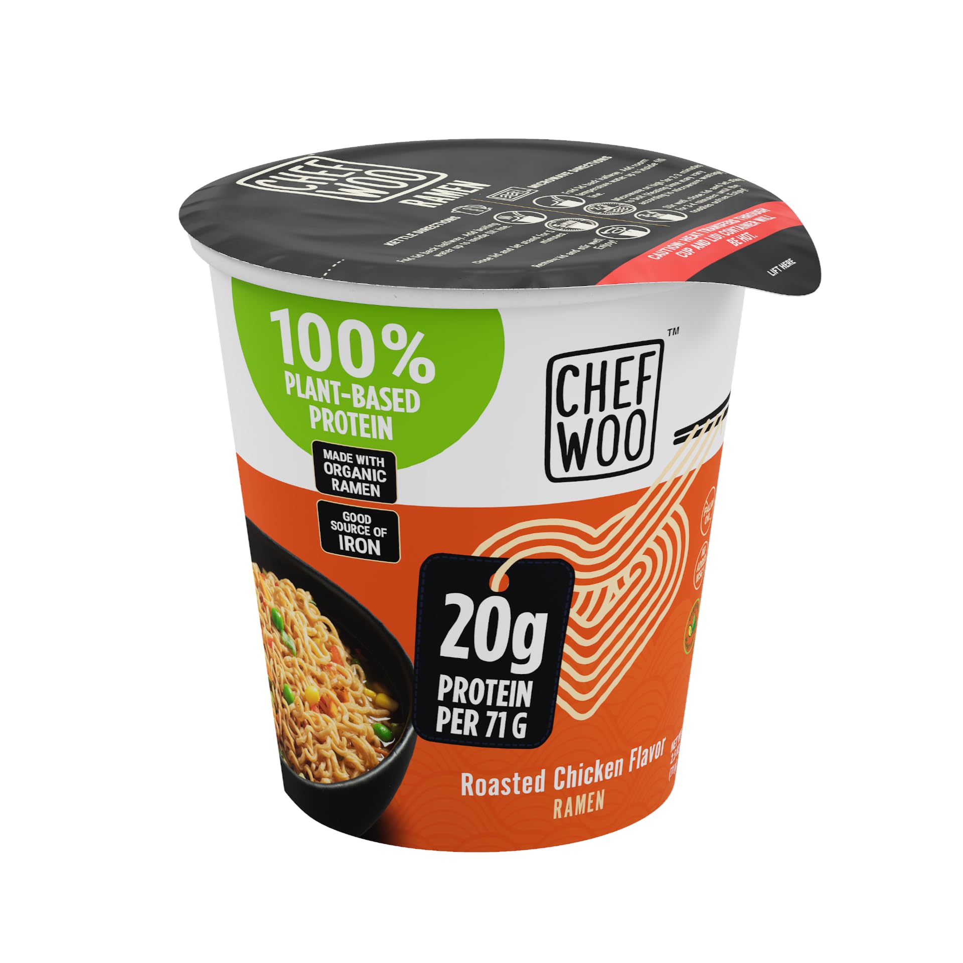 CHEF WOO Roasted Chicken Ramen Cup Noodles (12 PACK), 20g of Plant-Based Protein |Vegan |Vegetarian |Halal |Kosher |Egg-Free |Dairy Free