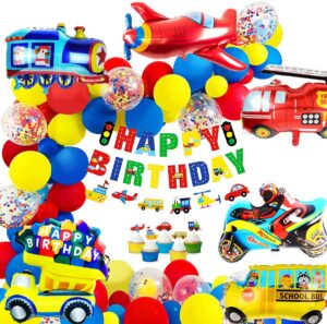 movinpe transportation birthday decoration for boys happy birthday banner cars school bus train fire truck motorcycle plane foil balloons transport vehicles cake topper kids 2nd birthday decor