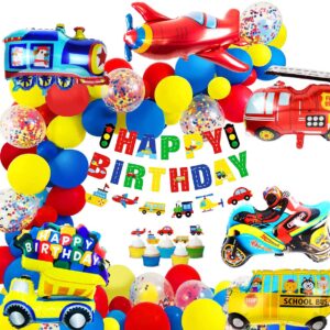 MOVINPE Transportation Birthday Decoration for Boys Happy Birthday Banner Cars School Bus Train Fire Truck Motorcycle Plane Foil Balloons Transport Vehicles Cake Topper Kids 2nd Birthday Decor