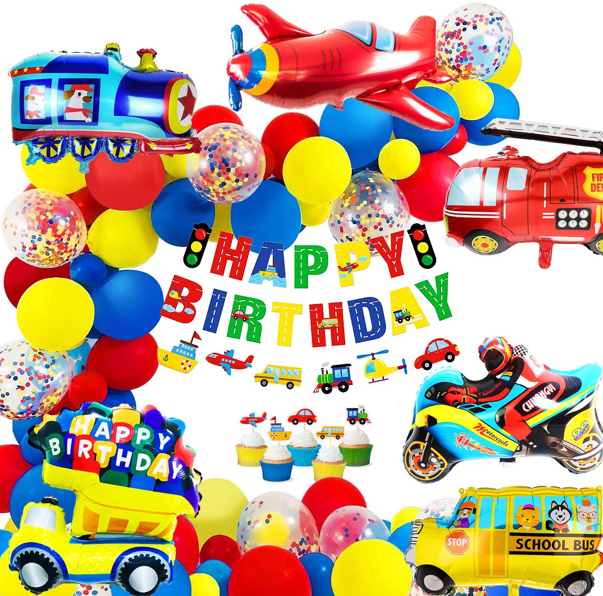 MOVINPE Transportation Birthday Decoration for Boys Happy Birthday Banner Cars School Bus Train Fire Truck Motorcycle Plane Foil Balloons Transport Vehicles Cake Topper Kids 2nd Birthday Decor