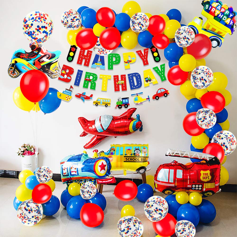 MOVINPE Transportation Birthday Decoration for Boys Happy Birthday Banner Cars School Bus Train Fire Truck Motorcycle Plane Foil Balloons Transport Vehicles Cake Topper Kids 2nd Birthday Decor