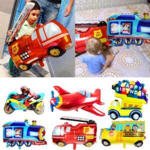 MOVINPE Transportation Birthday Decoration for Boys Happy Birthday Banner Cars School Bus Train Fire Truck Motorcycle Plane Foil Balloons Transport Vehicles Cake Topper Kids 2nd Birthday Decor