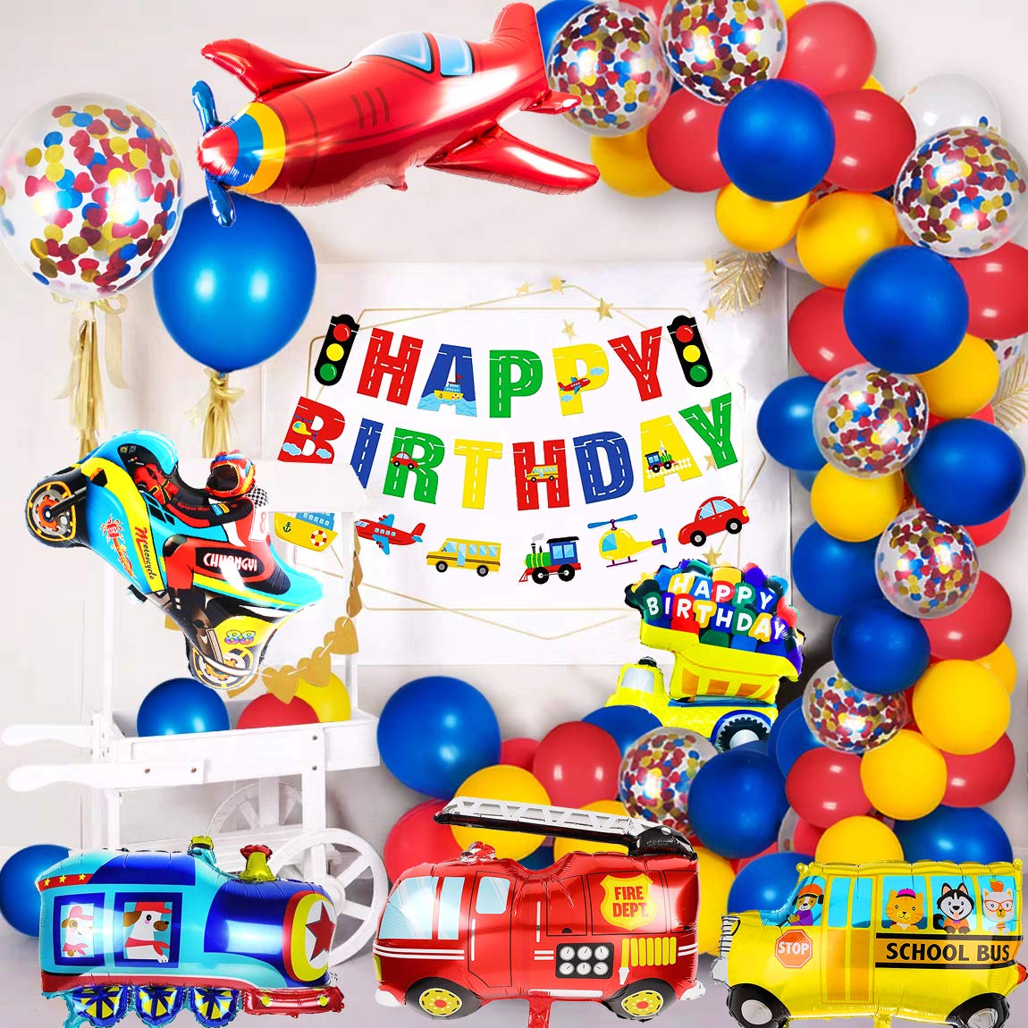 MOVINPE Transportation Birthday Decoration for Boys Happy Birthday Banner Cars School Bus Train Fire Truck Motorcycle Plane Foil Balloons Transport Vehicles Cake Topper Kids 2nd Birthday Decor