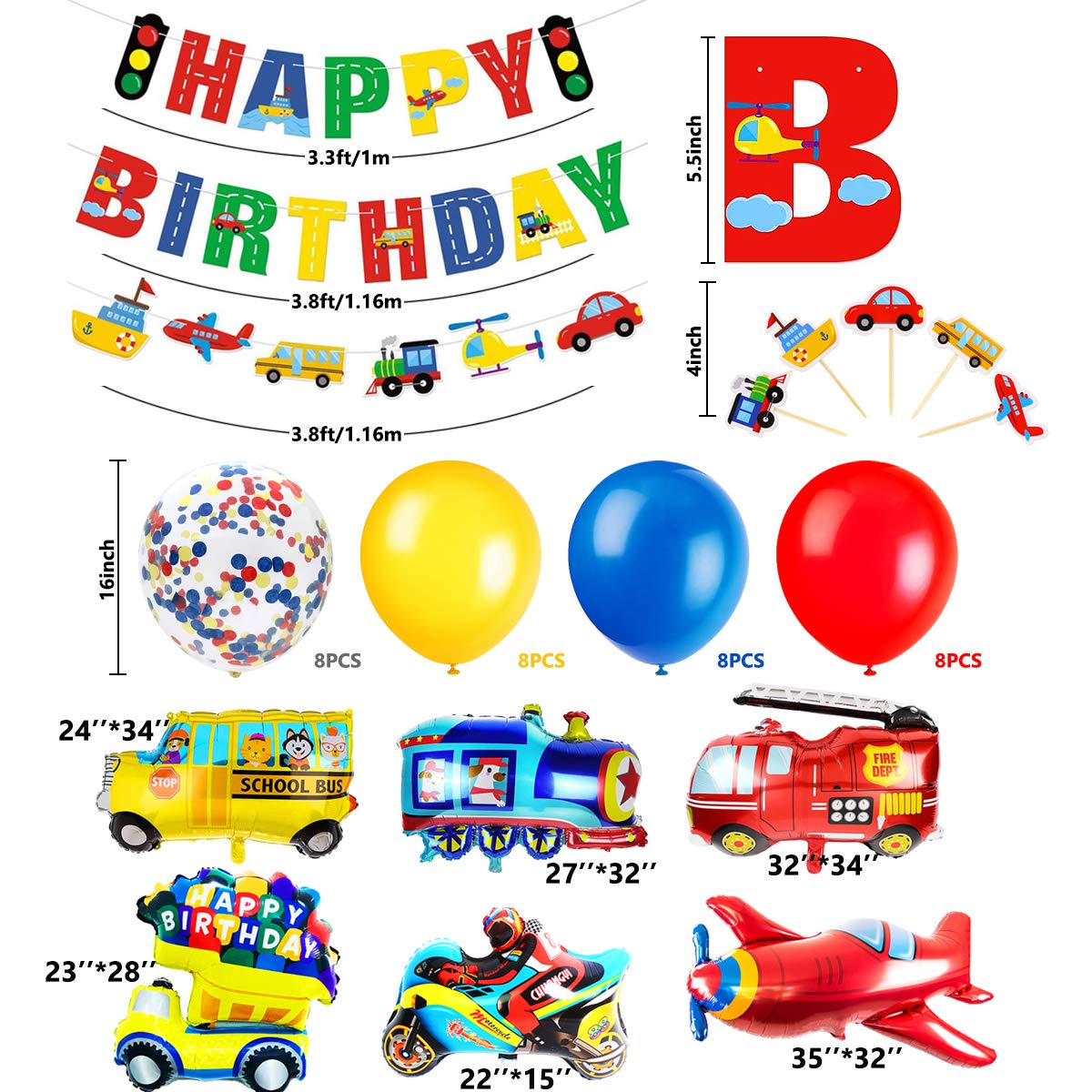 MOVINPE Transportation Birthday Decoration for Boys Happy Birthday Banner Cars School Bus Train Fire Truck Motorcycle Plane Foil Balloons Transport Vehicles Cake Topper Kids 2nd Birthday Decor