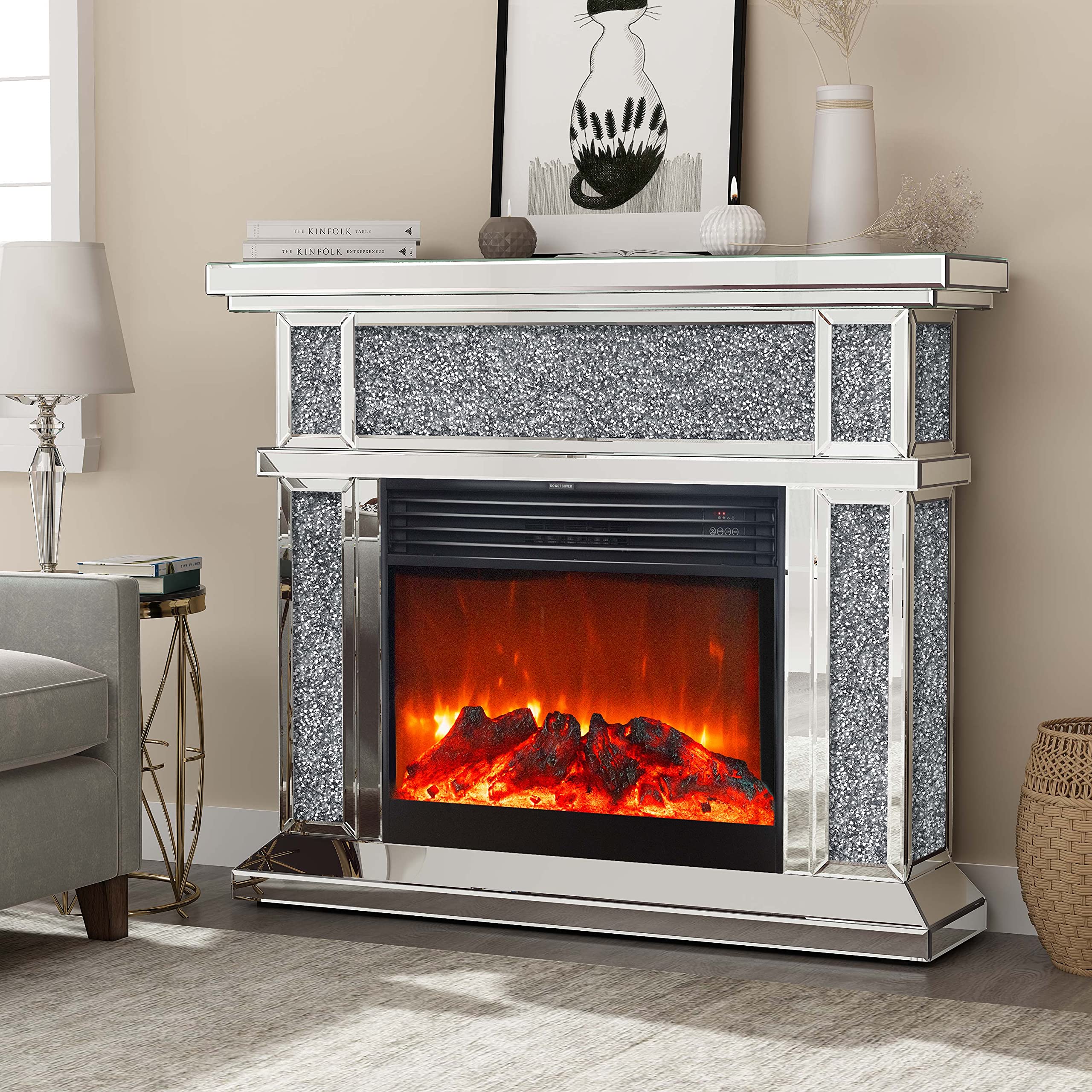 Mirrored Electric Fireplace, Fireplace Mantel Freestanding Heater Firebox with Remote Control, 3D Flame, 750/1500W