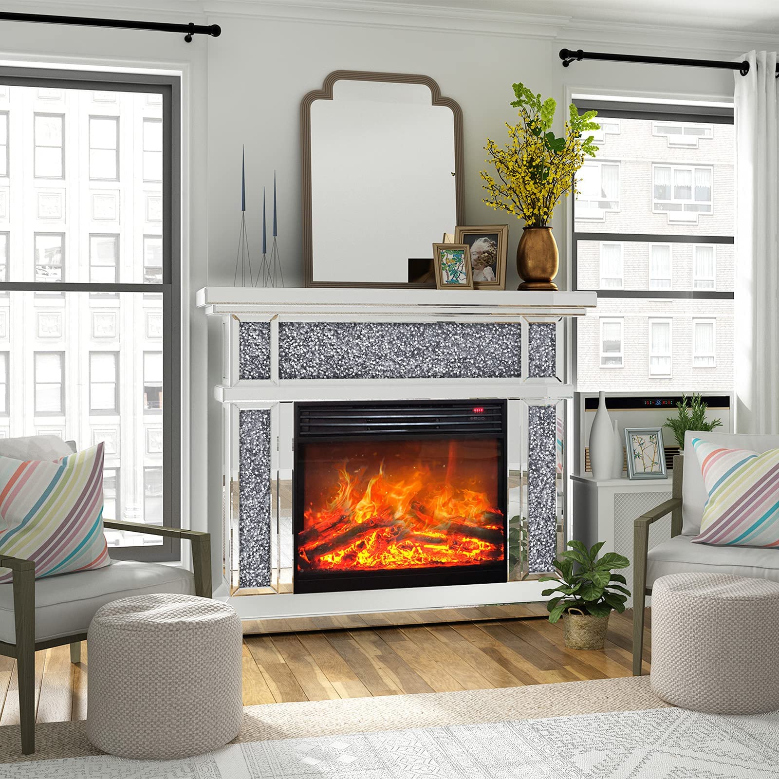 Mirrored Electric Fireplace, Fireplace Mantel Freestanding Heater Firebox with Remote Control, 3D Flame, 750/1500W