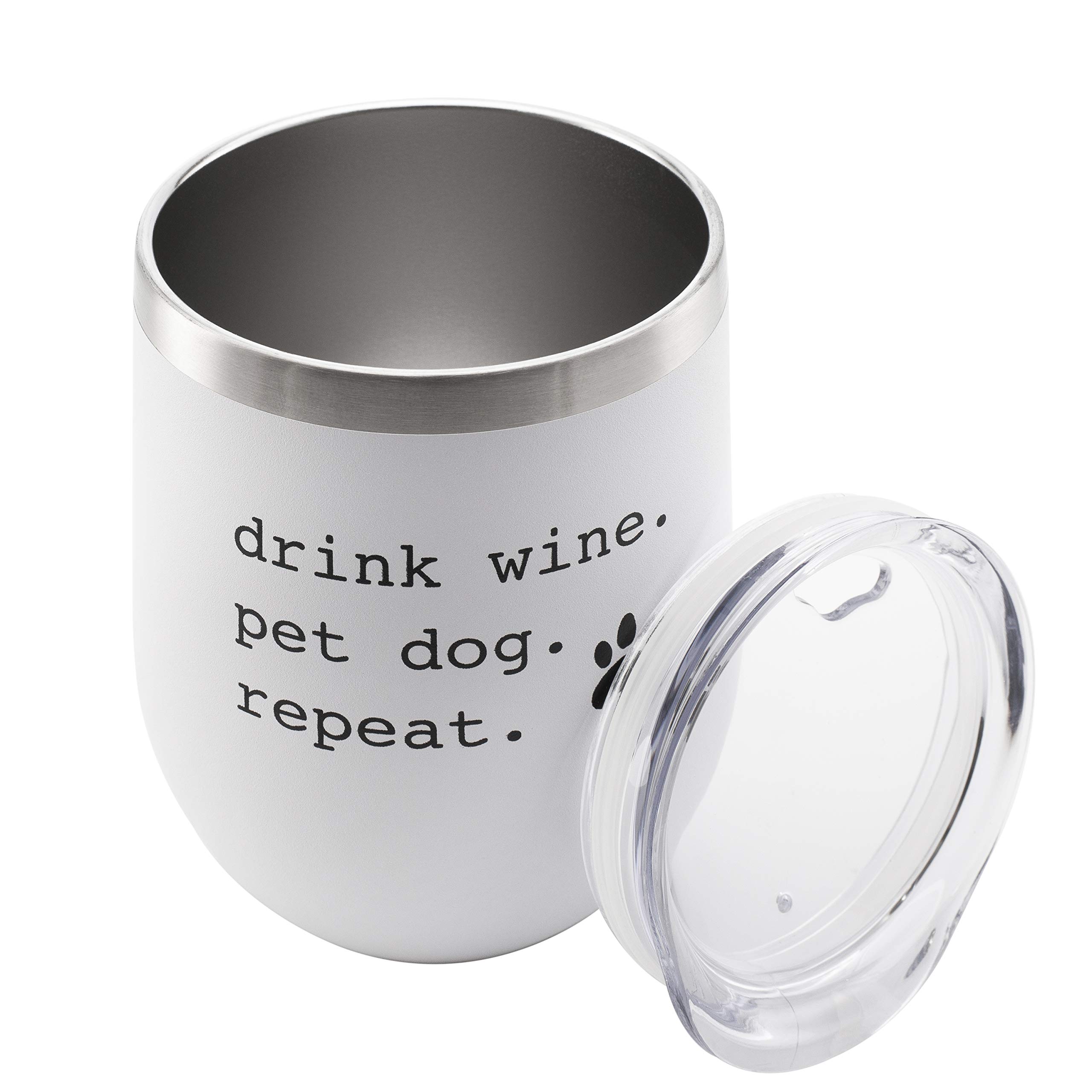 Rover.com ‘Drink. Pet Dog. Repeat.’ Tumbler With Lid, Insulated, Stainless Steel, Stemless, 12 Oz., White