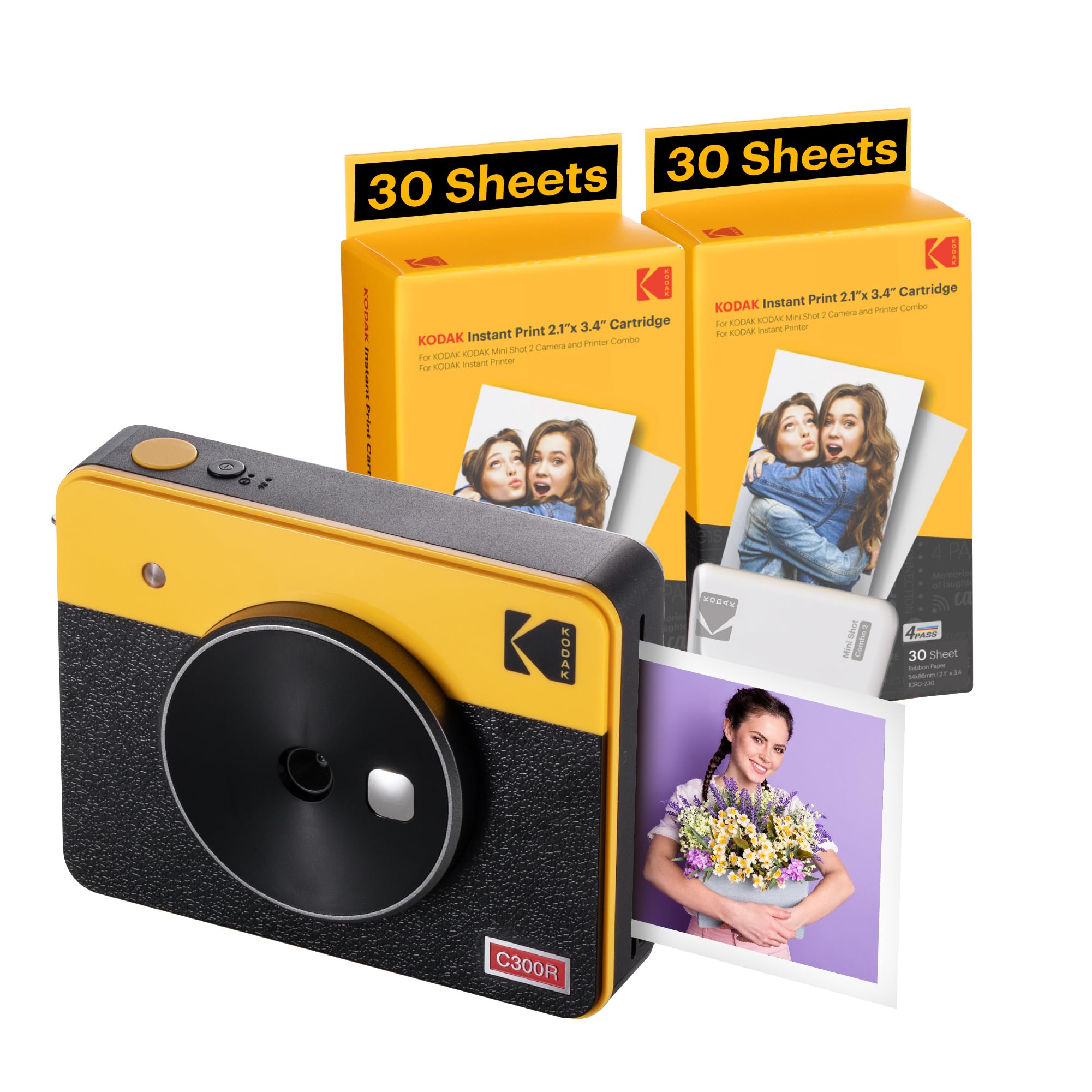 KODAK Mini Shot 3 Retro 4PASS 2-in-1 Instant Digital Camera and Photo Printer (3x3 inches) + 68 Sheets Cartridge Bundle, Yellow