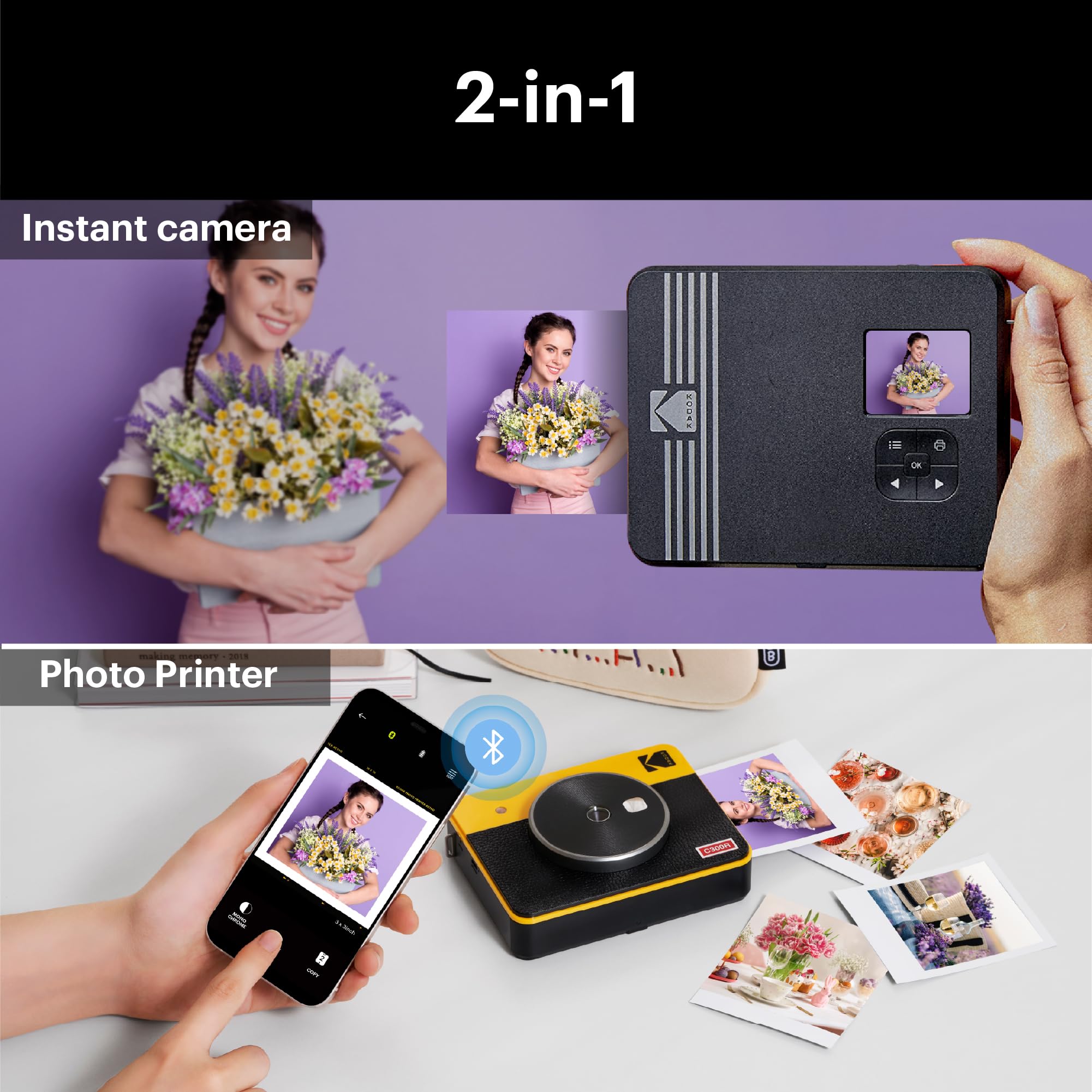 KODAK Mini Shot 3 Retro 4PASS 2-in-1 Instant Digital Camera and Photo Printer (3x3 inches) + 68 Sheets Cartridge Bundle, Yellow