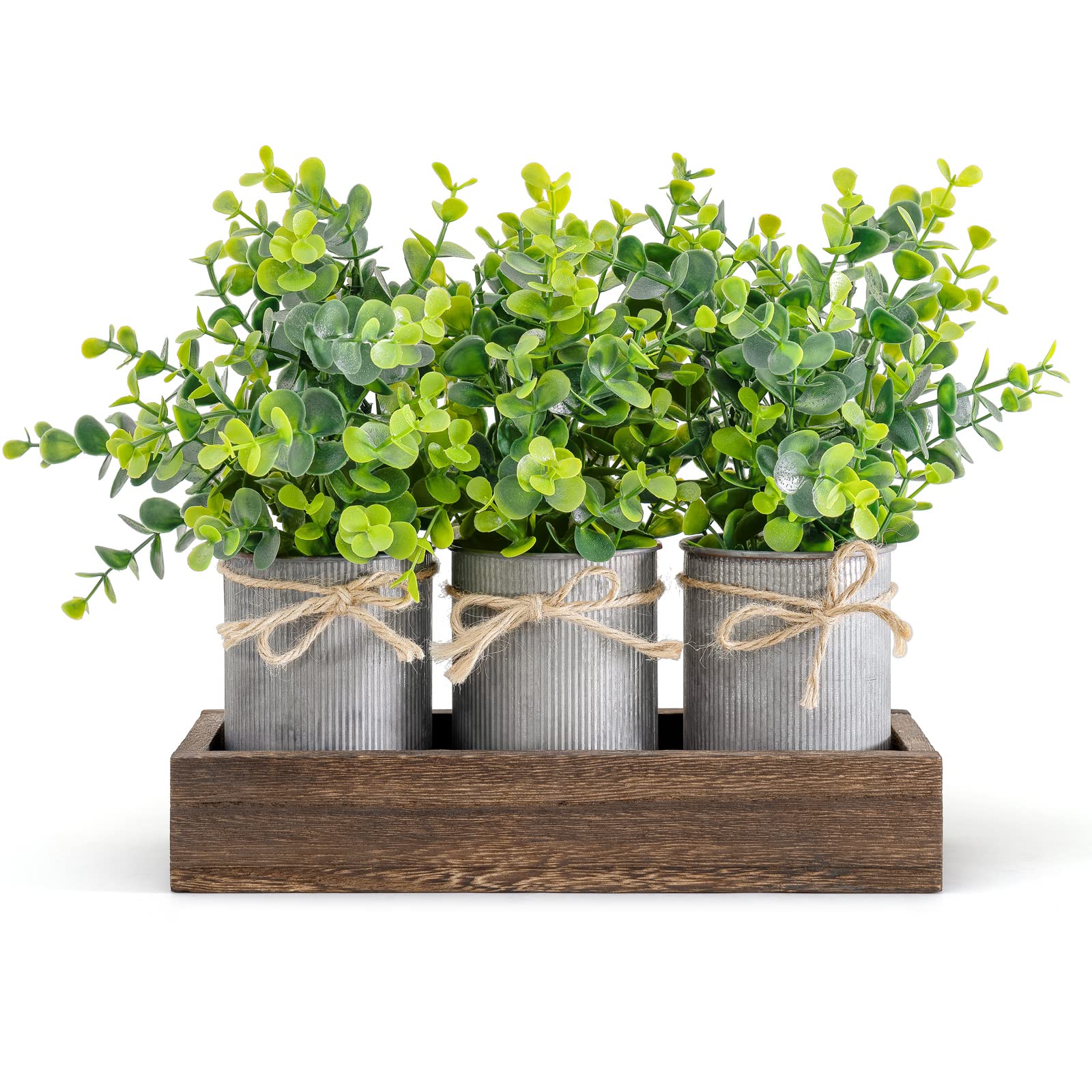 Dahey Decorative Galvanized Metal Pots Table Centerpiece Decor Wood Tray with Artificial Eucalyptus Plants 3 Buckets Rustic Farmhouse Home Decor for Coffee Dining Room Living Room Kitchen Bath, Brown