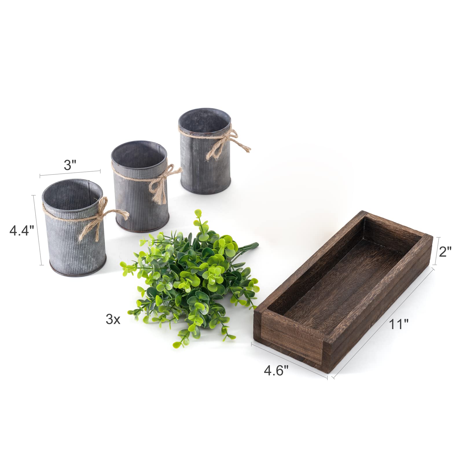 Dahey Decorative Galvanized Metal Pots Table Centerpiece Decor Wood Tray with Artificial Eucalyptus Plants 3 Buckets Rustic Farmhouse Home Decor for Coffee Dining Room Living Room Kitchen Bath, Brown