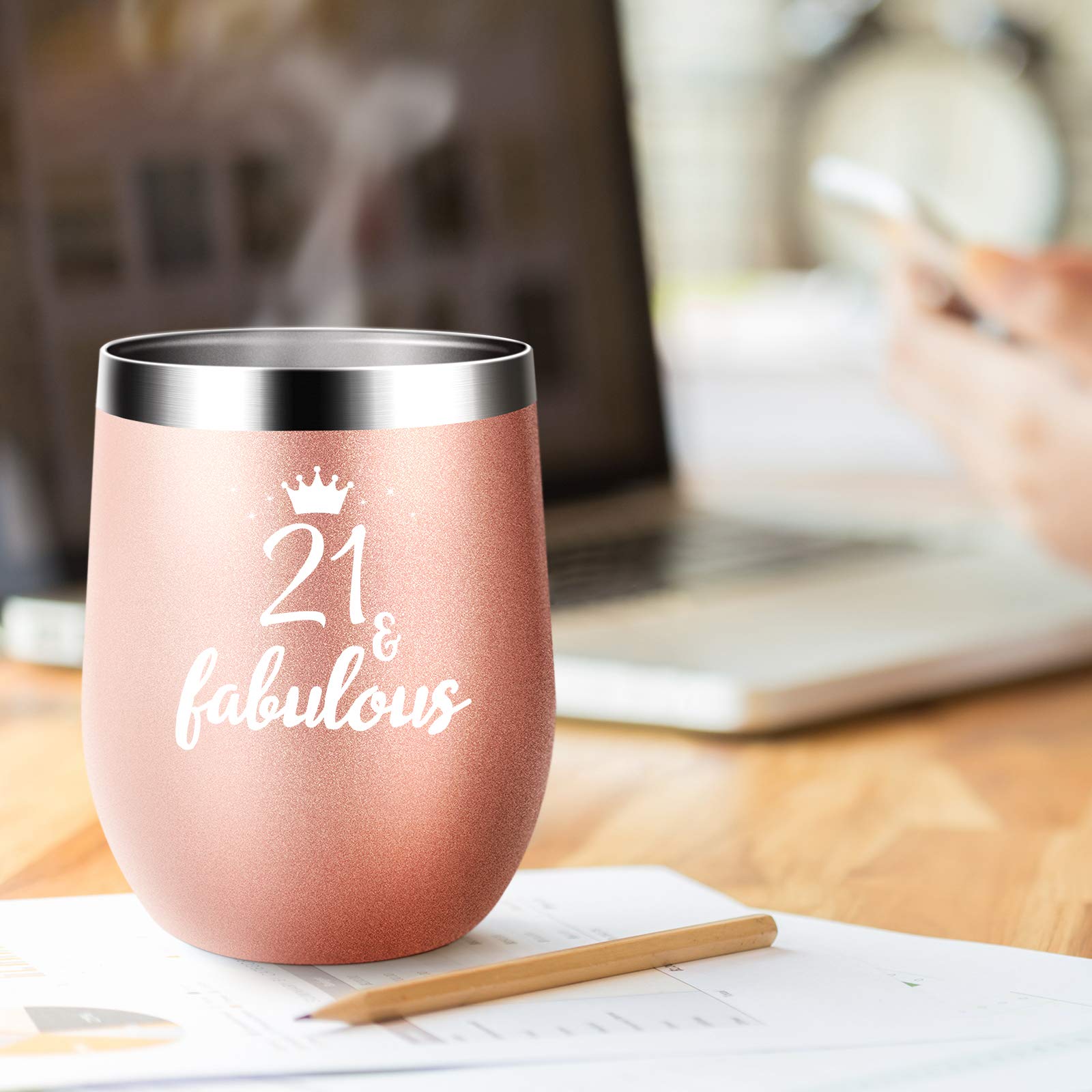 HAINANBOY Wine Glass Tumbler 21st Birthday Gift for Women 21st Birthday Cup 21 and Fabulous 21st Birthday Gift for Woman I'm 21 Best Turning 21 Year Old Birthday Gift Ideas for Her(Rose Gold)