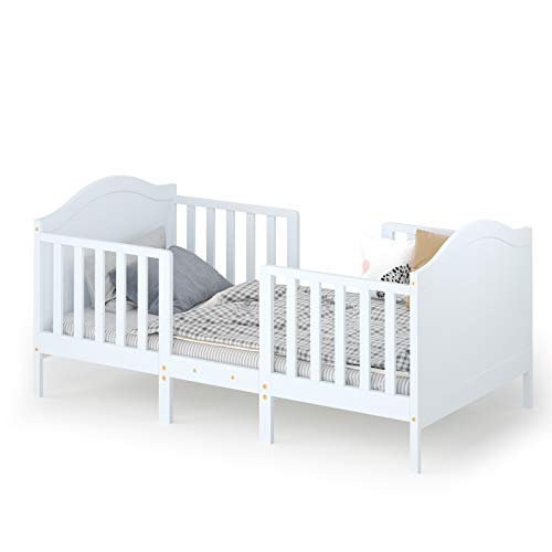 Costzon 2 in 1 Convertible Toddler Bed, Classic Wood Kids Bed w/2 Side Guardrails, Footboard for Extra Safety, Children Bed Frame Convert to Two Chairs/Sofa/Cribs, Gift for Boy Girl (White)