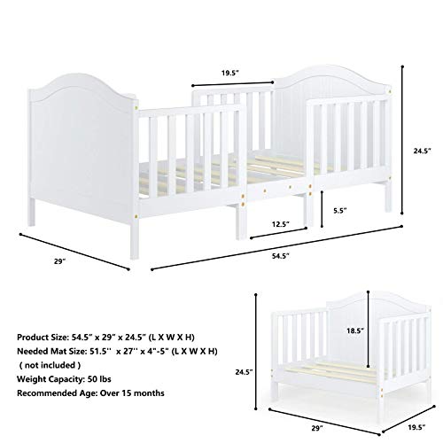 Costzon 2 in 1 Convertible Toddler Bed, Classic Wood Kids Bed w/2 Side Guardrails, Footboard for Extra Safety, Children Bed Frame Convert to Two Chairs/Sofa/Cribs, Gift for Boy Girl (White)