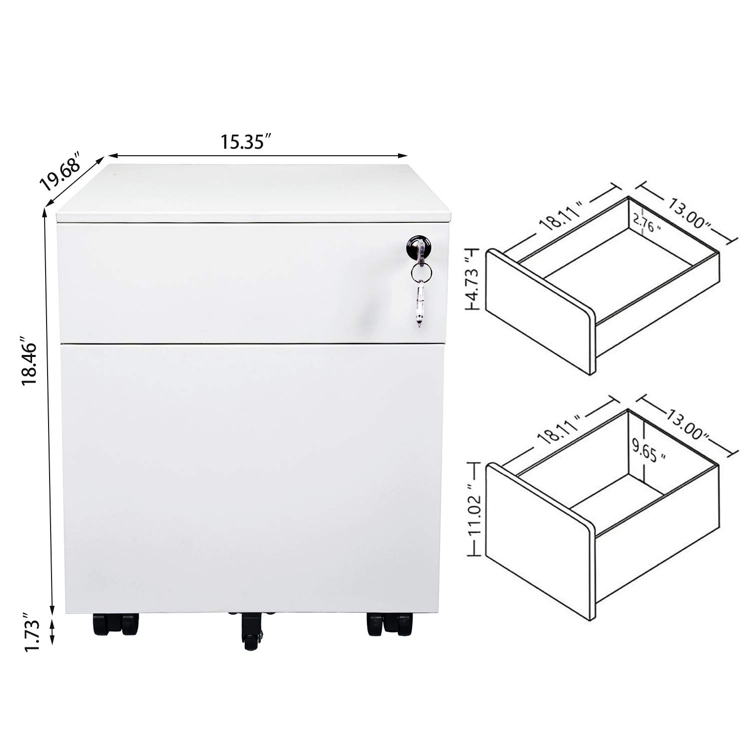 AIMEZO 2-Drawer Mobile Rolling File Cabinet Under File Cabinet with Lock Desk Storage for Home Office, Fully Assembled White