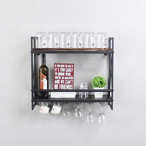 mbqq rustic wall mounted wine racks with 6 stem glass holder,24in industrial metal hanging wine rack,2-tiers wood shelf floating shelves,home room living room kitchen decor display rack,retro black