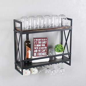 MBQQ Rustic Wall Mounted Wine Racks with 6 Stem Glass Holder,24in Industrial Metal Hanging Wine Rack,2-Tiers Wood Shelf Floating Shelves,Home Room Living Room Kitchen Decor Display Rack,Retro Black