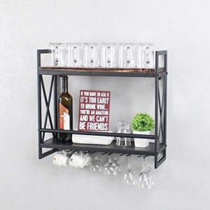 MBQQ Rustic Wall Mounted Wine Racks with 6 Stem Glass Holder,24in Industrial Metal Hanging Wine Rack,2-Tiers Wood Shelf Floating Shelves,Home Room Living Room Kitchen Decor Display Rack,Retro Black