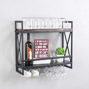 MBQQ Rustic Wall Mounted Wine Racks with 6 Stem Glass Holder,24in Industrial Metal Hanging Wine Rack,2-Tiers Wood Shelf Floating Shelves,Home Room Living Room Kitchen Decor Display Rack,Retro Black