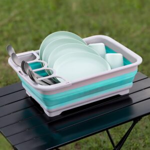 Navaris Collapsible Dish Drying Rack - Drainer for RV, Camper, Camping, Travel Trailer, Small Spaces - Portable Dishes Dryer with Drain - Gray/Blue