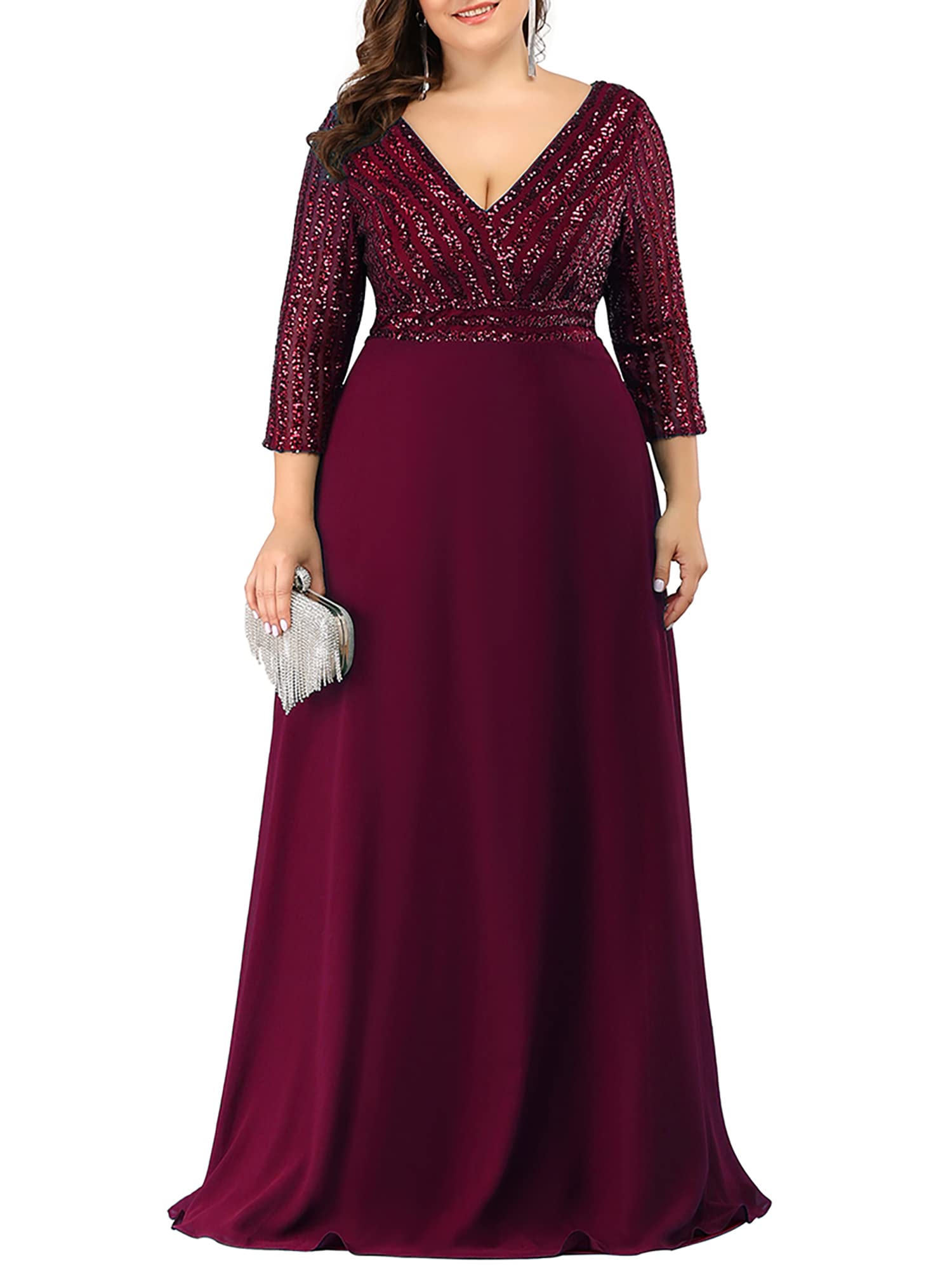 Ever-Pretty Women's Plus Size V-Neck Sparkle Sequins Chiffon Long Sleeves Formal Dresses Burgundy US26