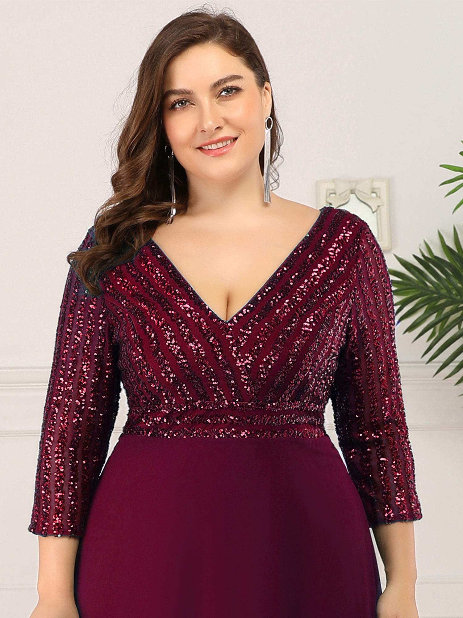 Ever-Pretty Women's Plus Size V-Neck Sparkle Sequins Chiffon Long Sleeves Formal Dresses Burgundy US26