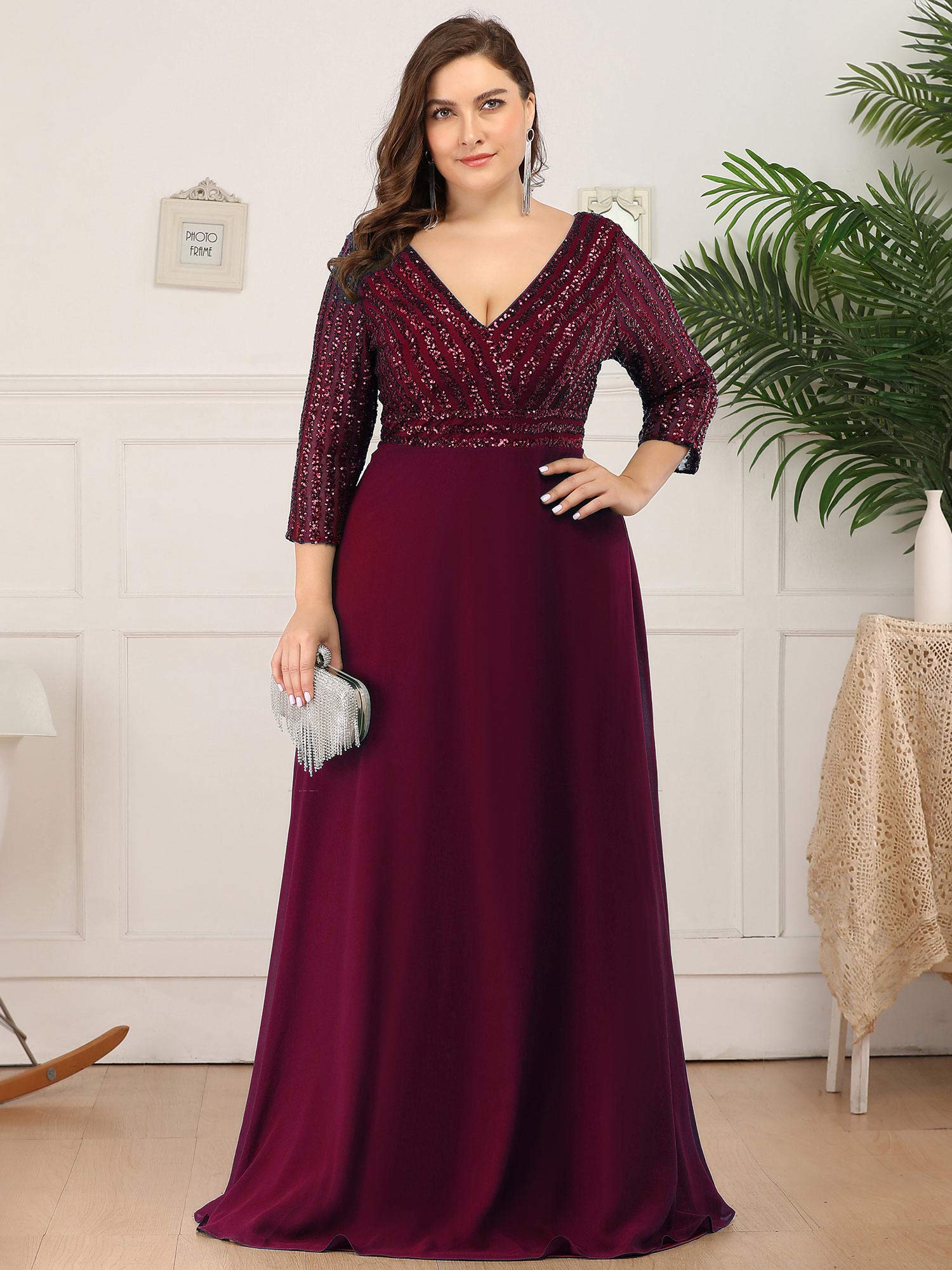 Ever-Pretty Women's Plus Size V-Neck Sparkle Sequins Chiffon Long Sleeves Formal Dresses Burgundy US26