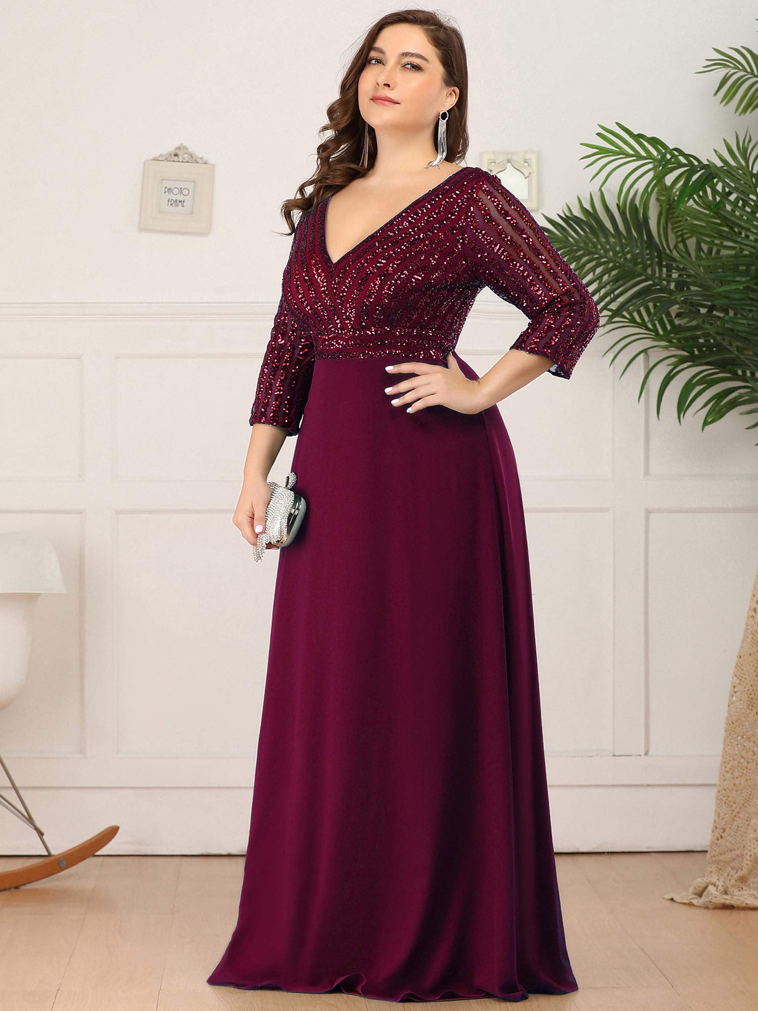 Ever-Pretty Women's Plus Size V-Neck Sparkle Sequins Chiffon Long Sleeves Formal Dresses Burgundy US26