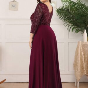 Ever-Pretty Women's Plus Size V-Neck Sparkle Sequins Chiffon Long Sleeves Formal Dresses Burgundy US26