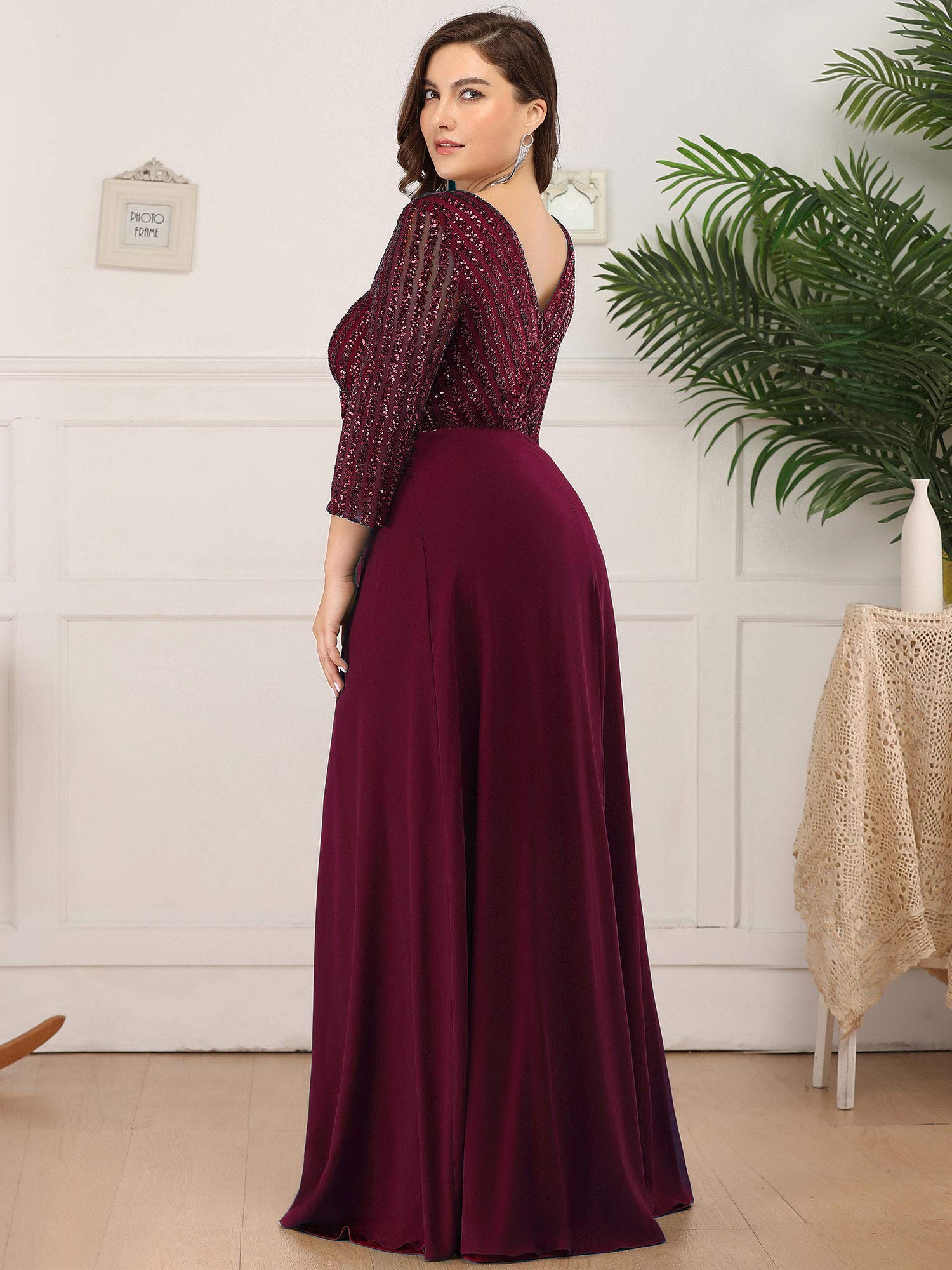 Ever-Pretty Women's Plus Size V-Neck Sparkle Sequins Chiffon Long Sleeves Formal Dresses Burgundy US26