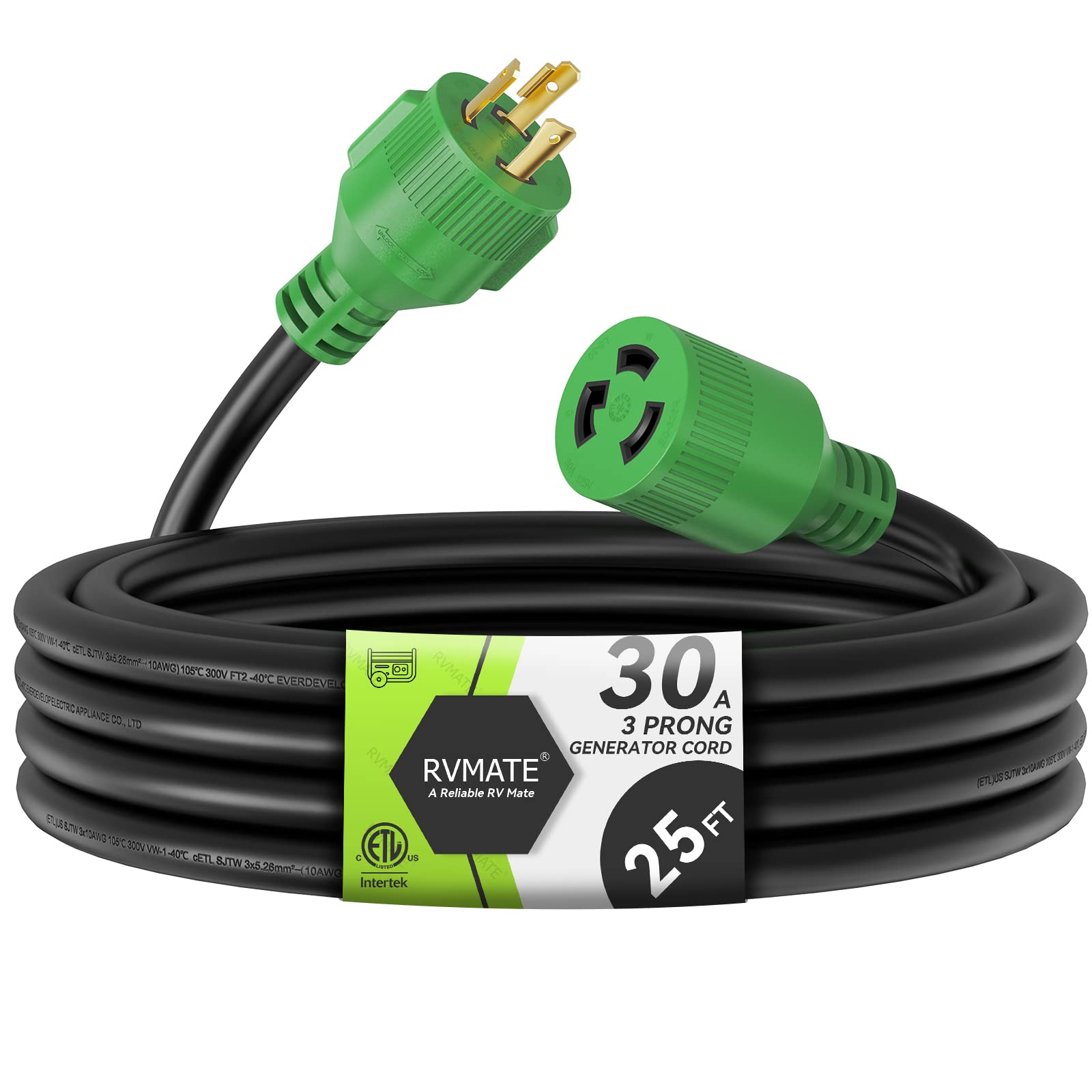 RVMATE 3 Prong 30 Amp Generator Extension Cord 25 Feet, NEMA L5-30P/L5-30R 125V SJTW Jacket