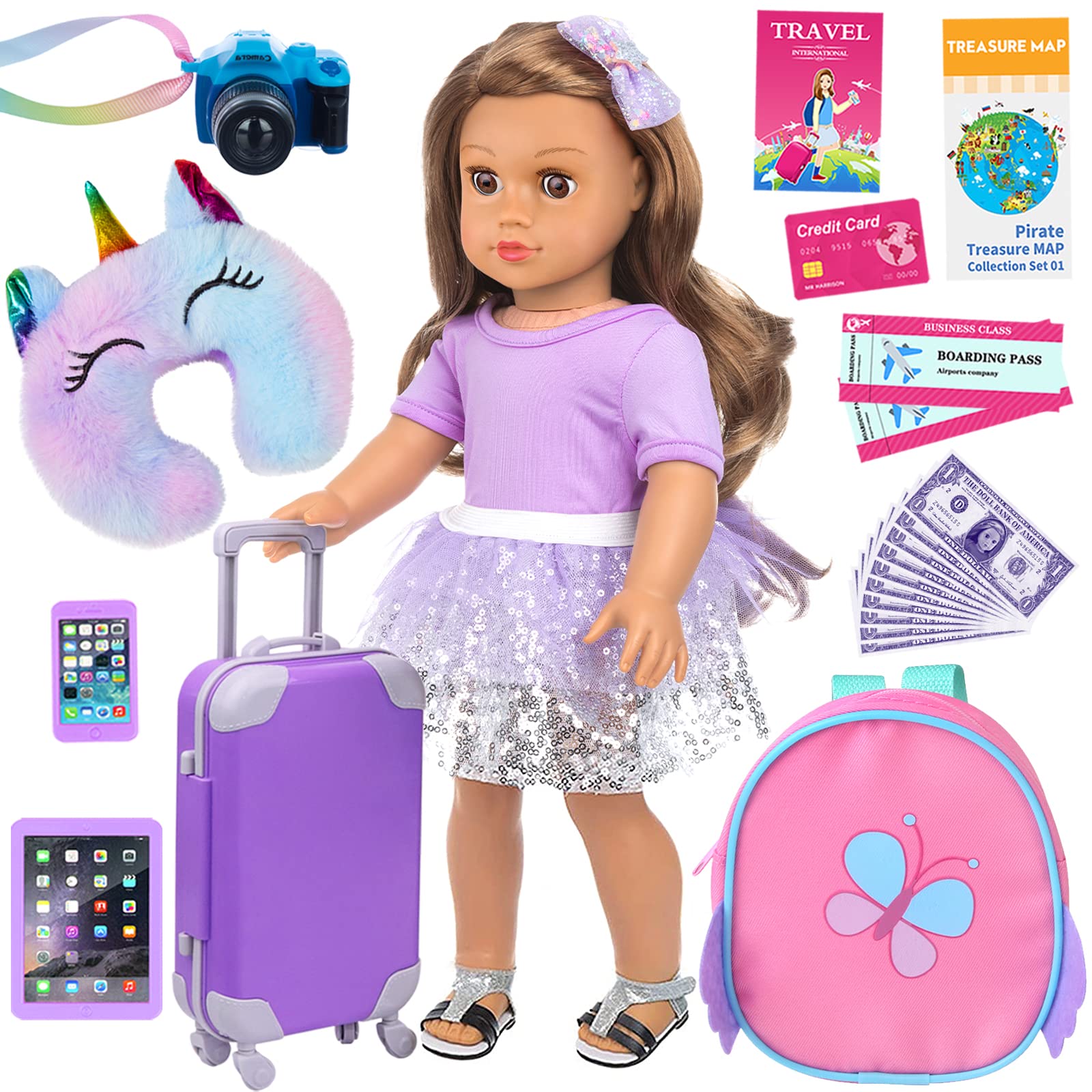 K.T. Fancy 23 pcs American 18 Inch Doll Accessories Suitcase Travel Luggage Play Set for 18 Inch Doll Travel Carrier, Sunglasses Camera Computer Phone Pad Travel Pillow Passport Tickets Cashes