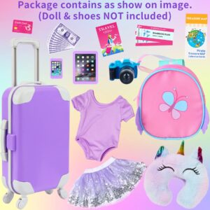 K.T. Fancy 23 pcs American 18 Inch Doll Accessories Suitcase Travel Luggage Play Set for 18 Inch Doll Travel Carrier, Sunglasses Camera Computer Phone Pad Travel Pillow Passport Tickets Cashes