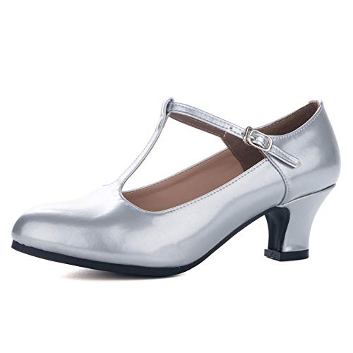 TINRYMX Women T Strap Character Shoes Modern Dance Shoes with Closed Toe Party Pumps, Model KM-719, Silver, US 8.5