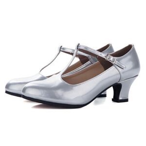 TINRYMX Women T Strap Character Shoes Modern Dance Shoes with Closed Toe Party Pumps, Model KM-719, Silver, US 8.5