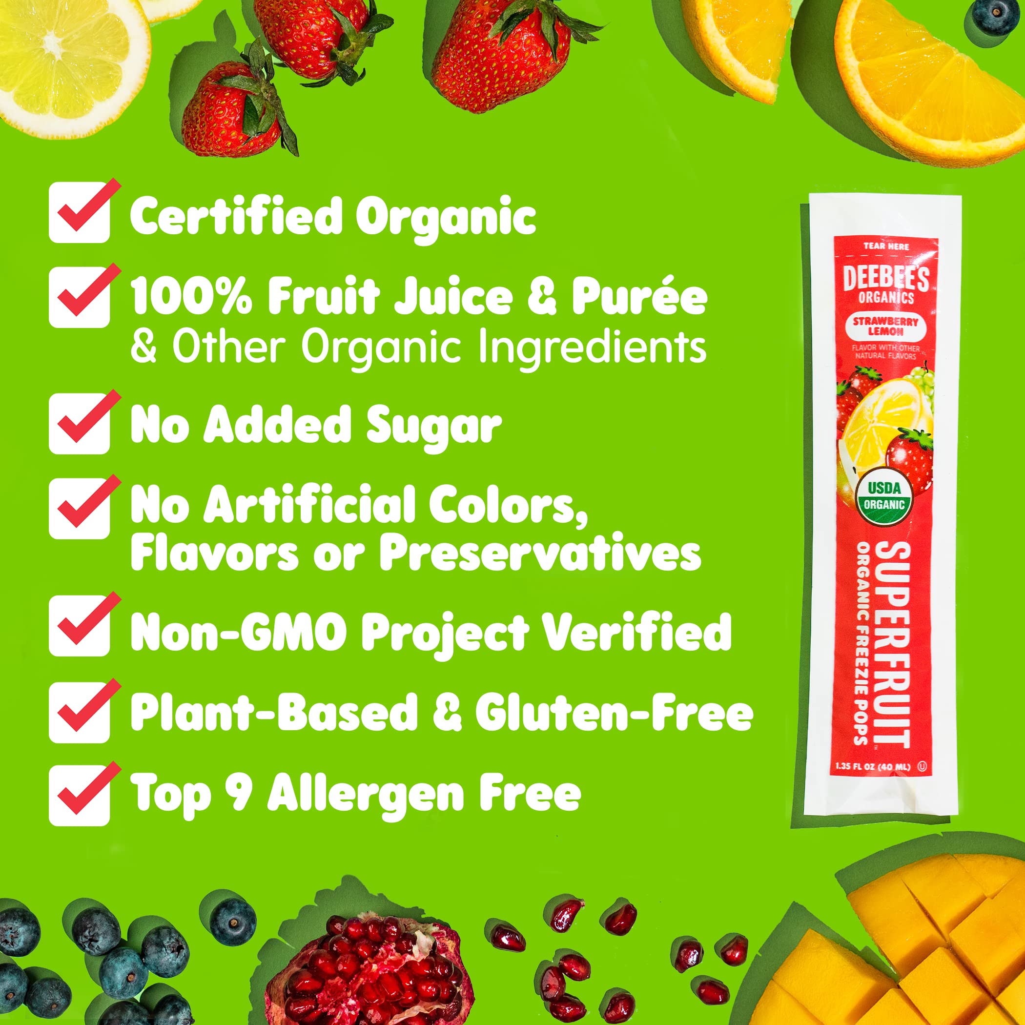 DeeBee's Organics Classic SuperFruit Freezie Pops, No Added Sugars, No Artificial Flavors or Colors Freezer Pops (Pack of 25)