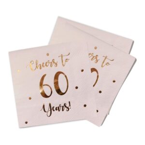 Cheers to 60 Years Cocktail Napkins | Happy 60th Birthday Decorations for Men and Women and Wedding Anniversary Party Decorations | 50-Pack 3-Ply Napkins | 5 x 5 inch folded (Pink)