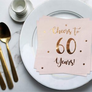 Cheers to 60 Years Cocktail Napkins | Happy 60th Birthday Decorations for Men and Women and Wedding Anniversary Party Decorations | 50-Pack 3-Ply Napkins | 5 x 5 inch folded (Pink)