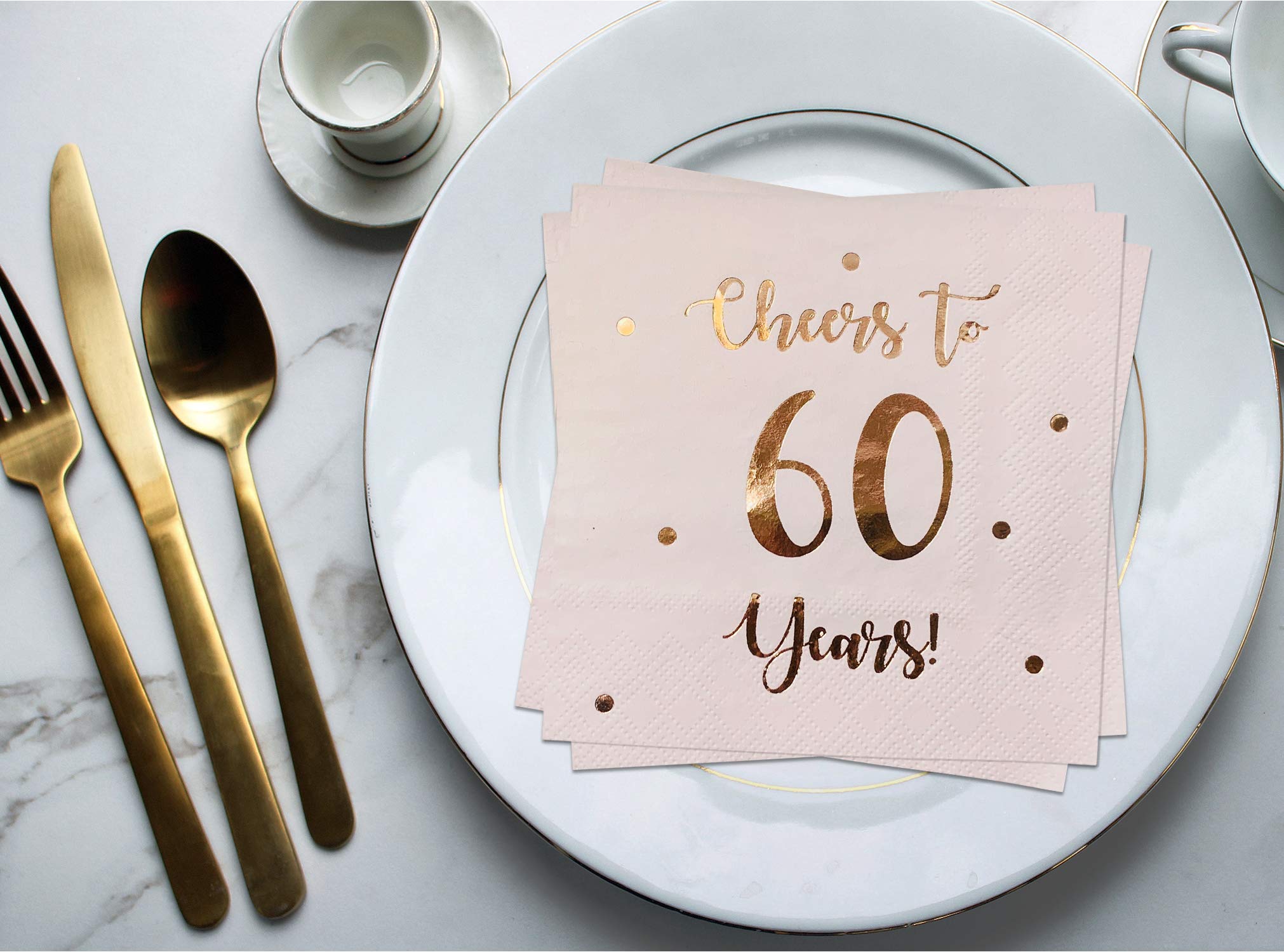 Cheers to 60 Years Cocktail Napkins | Happy 60th Birthday Decorations for Men and Women and Wedding Anniversary Party Decorations | 50-Pack 3-Ply Napkins | 5 x 5 inch folded (Pink)