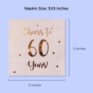 Cheers to 60 Years Cocktail Napkins | Happy 60th Birthday Decorations for Men and Women and Wedding Anniversary Party Decorations | 50-Pack 3-Ply Napkins | 5 x 5 inch folded (Pink)