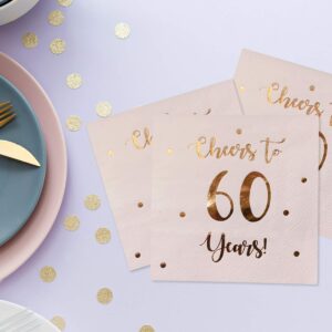 Cheers to 60 Years Cocktail Napkins | Happy 60th Birthday Decorations for Men and Women and Wedding Anniversary Party Decorations | 50-Pack 3-Ply Napkins | 5 x 5 inch folded (Pink)