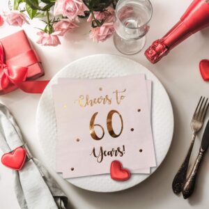 Cheers to 60 Years Cocktail Napkins | Happy 60th Birthday Decorations for Men and Women and Wedding Anniversary Party Decorations | 50-Pack 3-Ply Napkins | 5 x 5 inch folded (Pink)