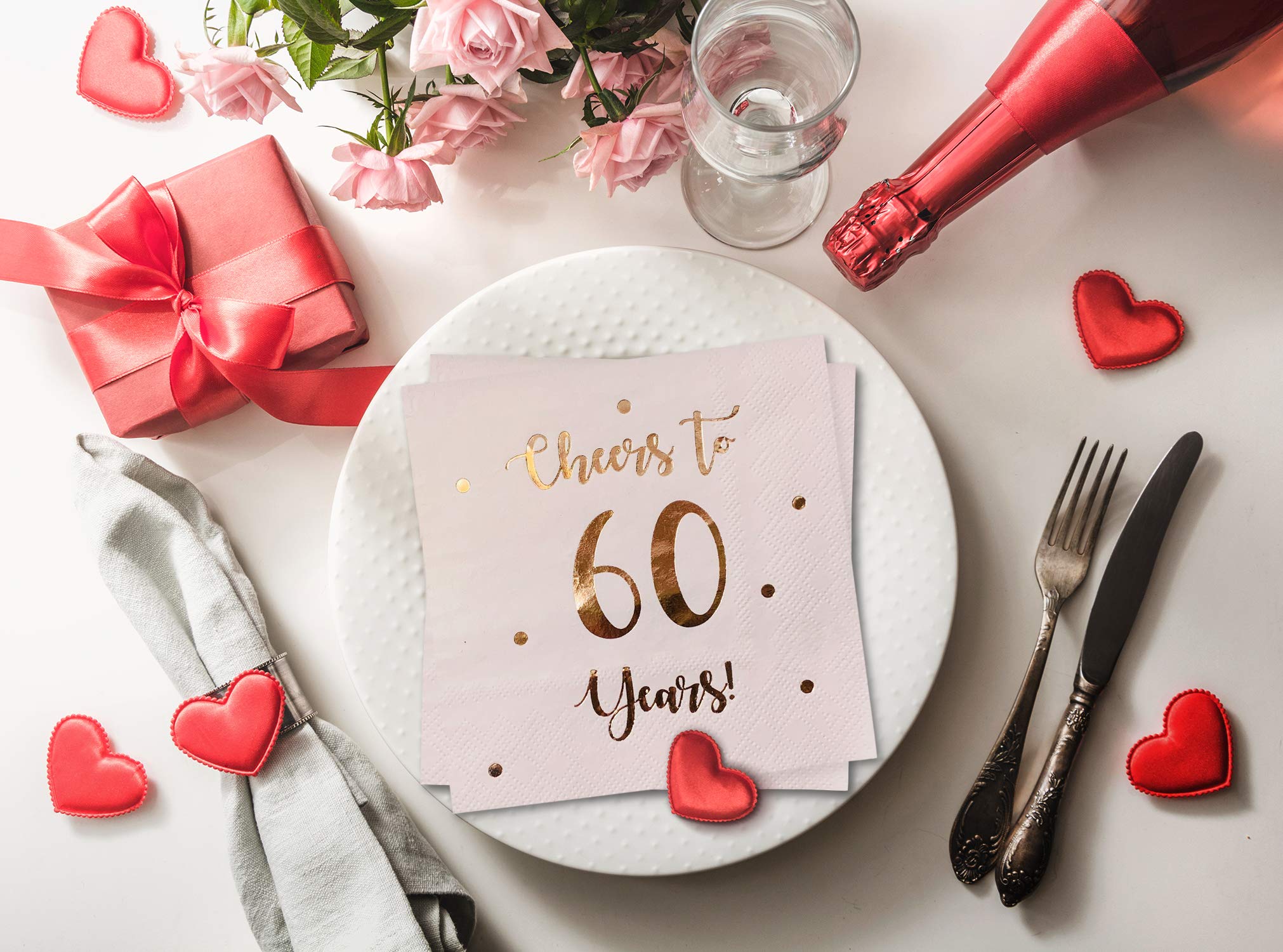 Cheers to 60 Years Cocktail Napkins | Happy 60th Birthday Decorations for Men and Women and Wedding Anniversary Party Decorations | 50-Pack 3-Ply Napkins | 5 x 5 inch folded (Pink)