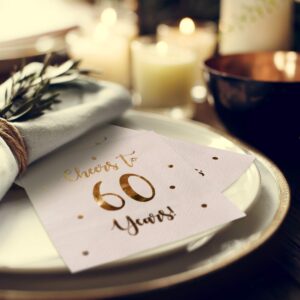 Cheers to 60 Years Cocktail Napkins | Happy 60th Birthday Decorations for Men and Women and Wedding Anniversary Party Decorations | 50-Pack 3-Ply Napkins | 5 x 5 inch folded (Pink)