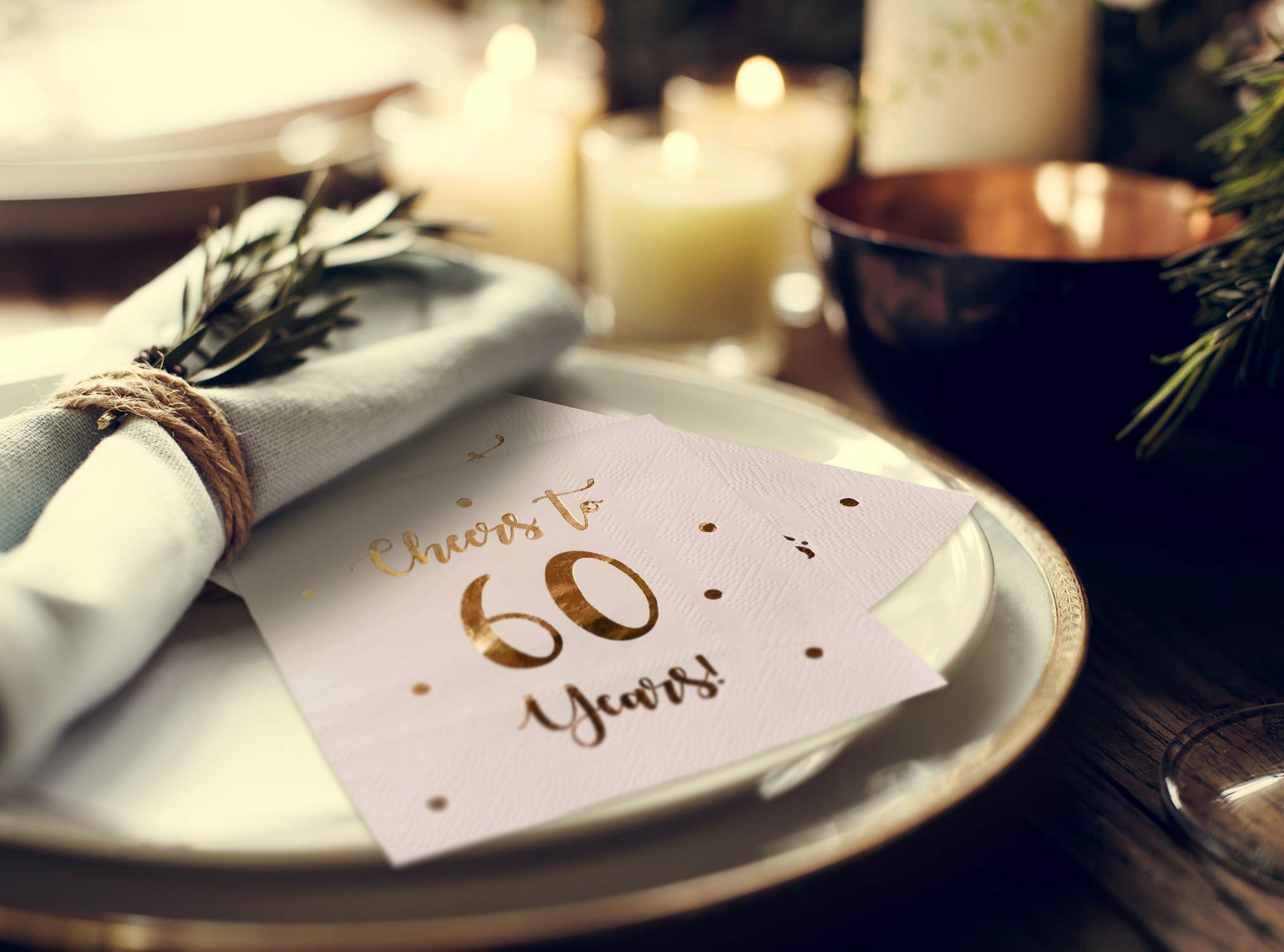 Cheers to 60 Years Cocktail Napkins | Happy 60th Birthday Decorations for Men and Women and Wedding Anniversary Party Decorations | 50-Pack 3-Ply Napkins | 5 x 5 inch folded (Pink)